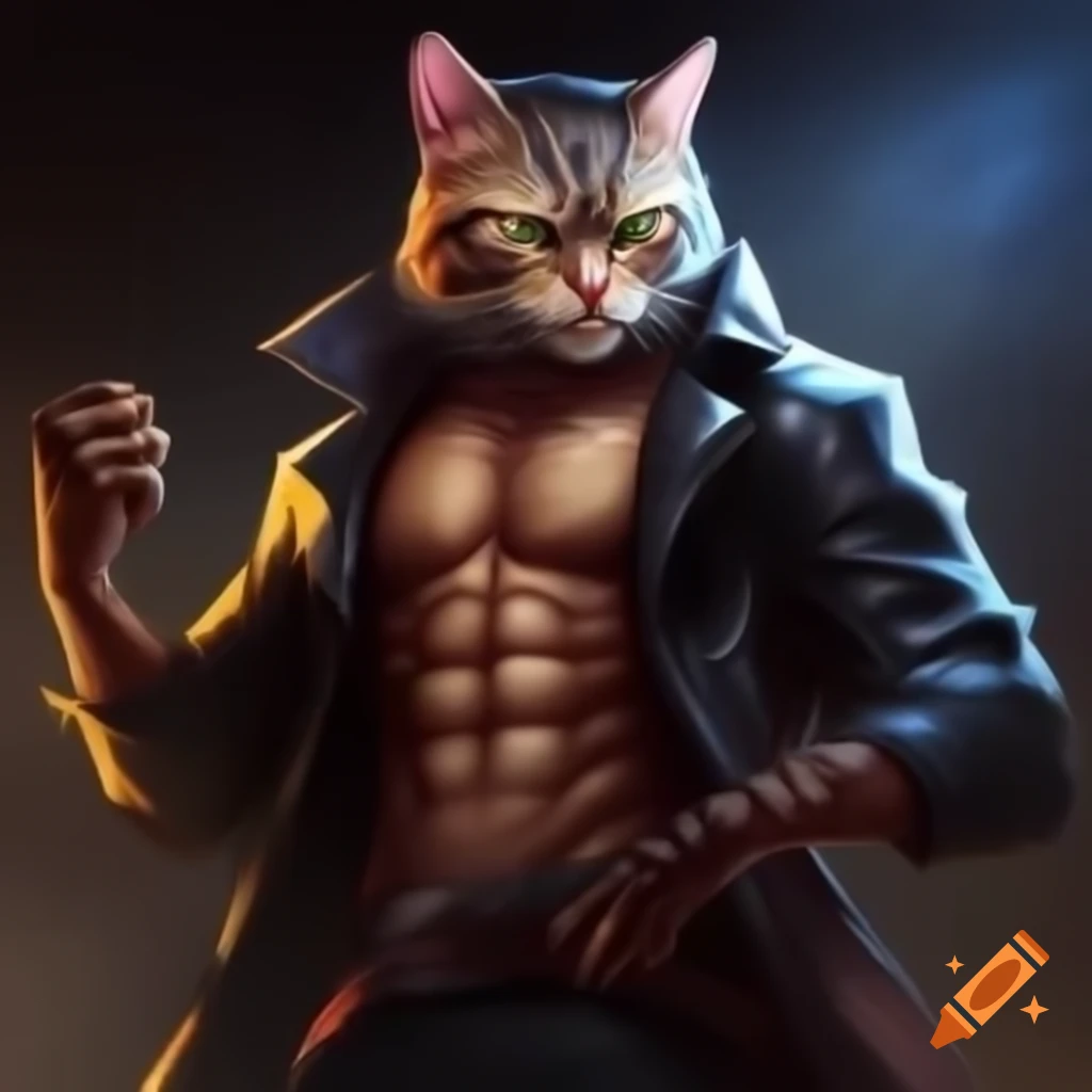 Muscular human-like cat in stylish outfit with expressive eyes on Craiyon