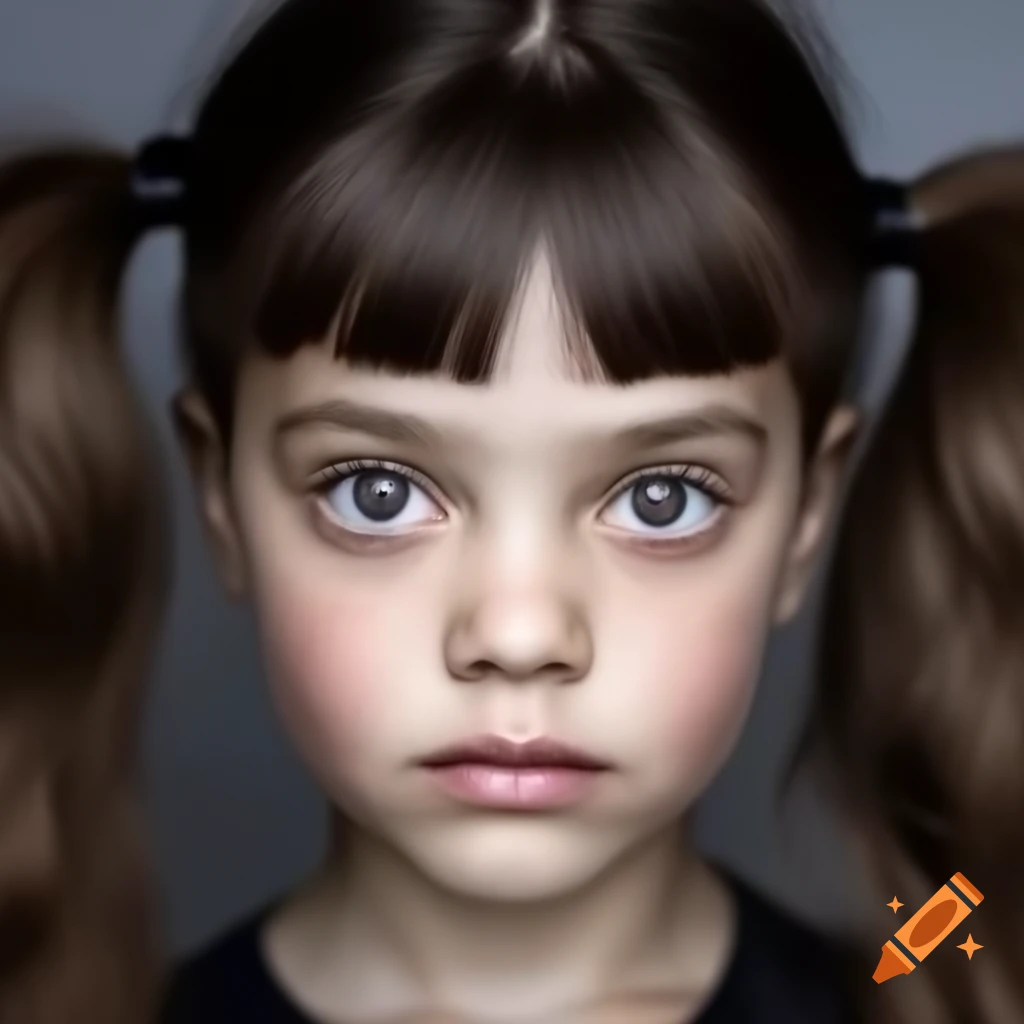 Close-up portrait of Elisa Talja with pigtails and big brown eyes on ...