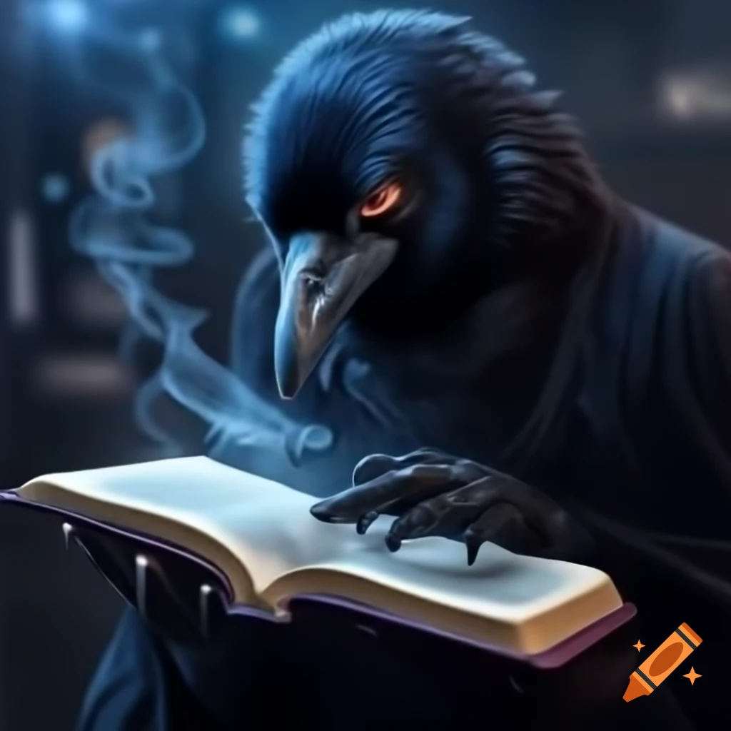 Crow person with open philosophy book surrounded by sci-fi imagery on ...