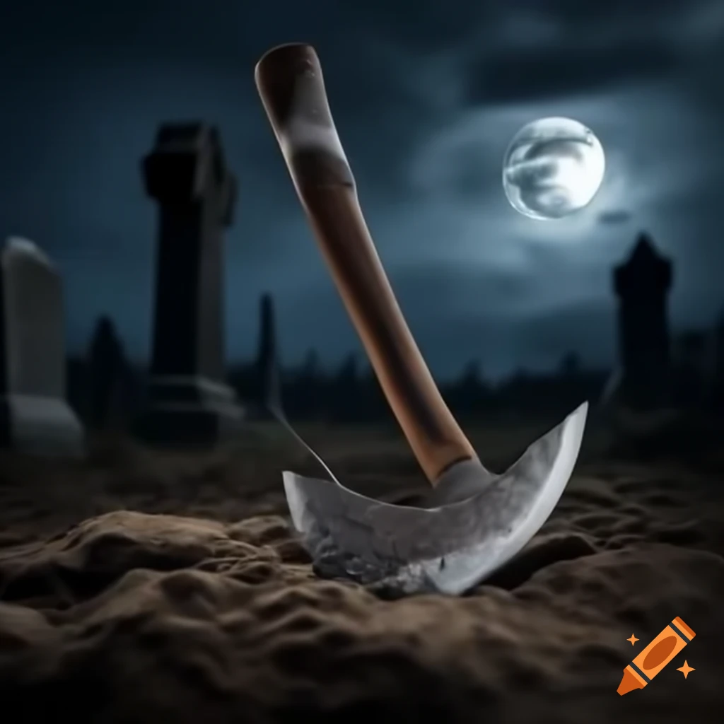 Hyper realistic axe blade in dirt at night in cemetery with moon on Craiyon