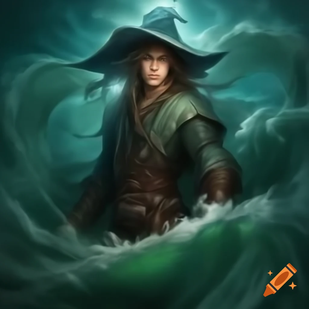 Noble elven bard with sea-green hair composing melodic tales on Craiyon