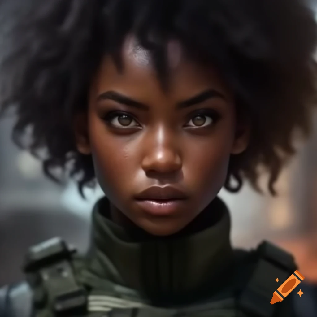 Tough woman in commando suit with dark skin and short curly hair on Craiyon