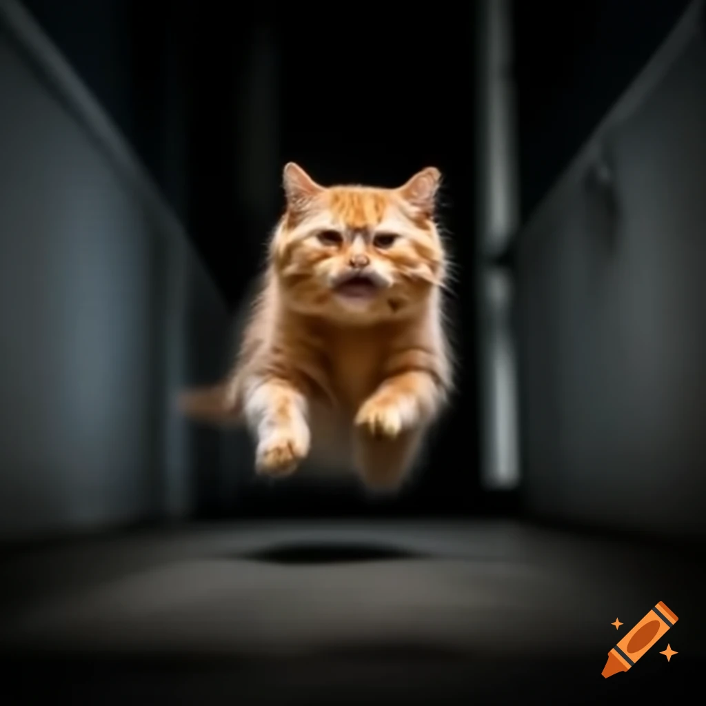 Fluffy orange cat running scared in narrow hallway at night on Craiyon