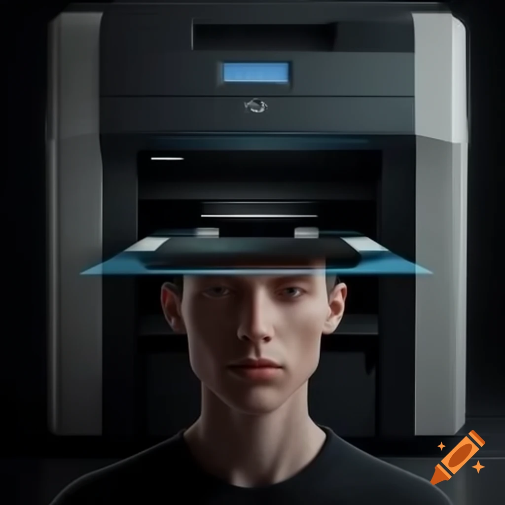 Headshot of a person with head replaced by 3D FDM printer on Craiyon