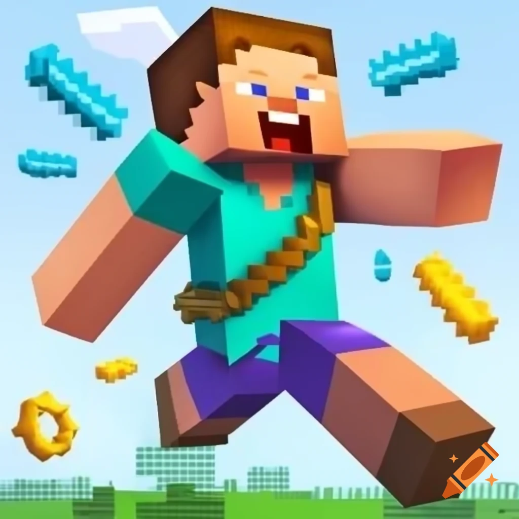 Pixelated minecraft adventurer leaping joyfully against white backdrop ...