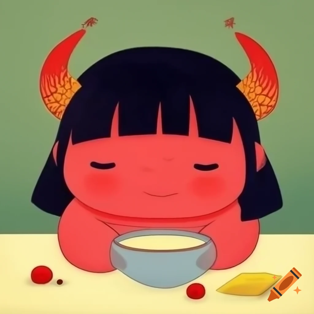 Cute demon child with red skin and black hair enjoying rice balls ...