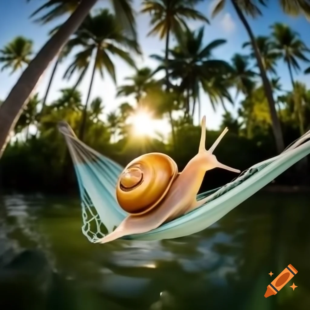 Tiny snail resting on hammock between palm trees on Craiyon