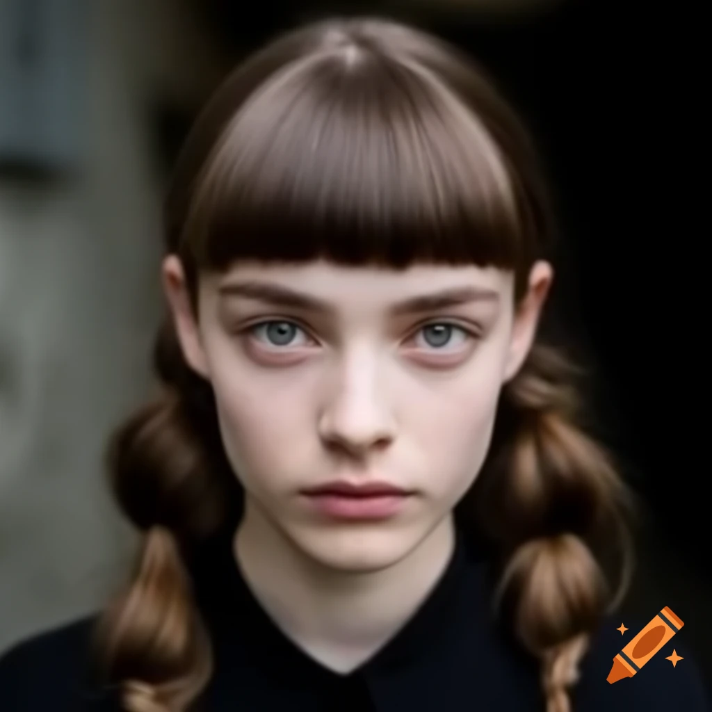 Close-up portrait of a girl with pigtails and big brown eyes on Craiyon