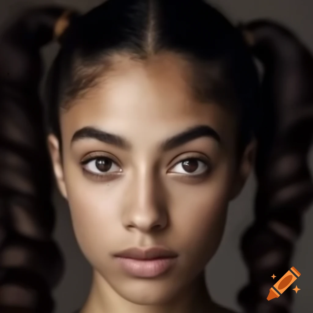 Close-up portrait of a girl with pigtails and big brown eyes on Craiyon