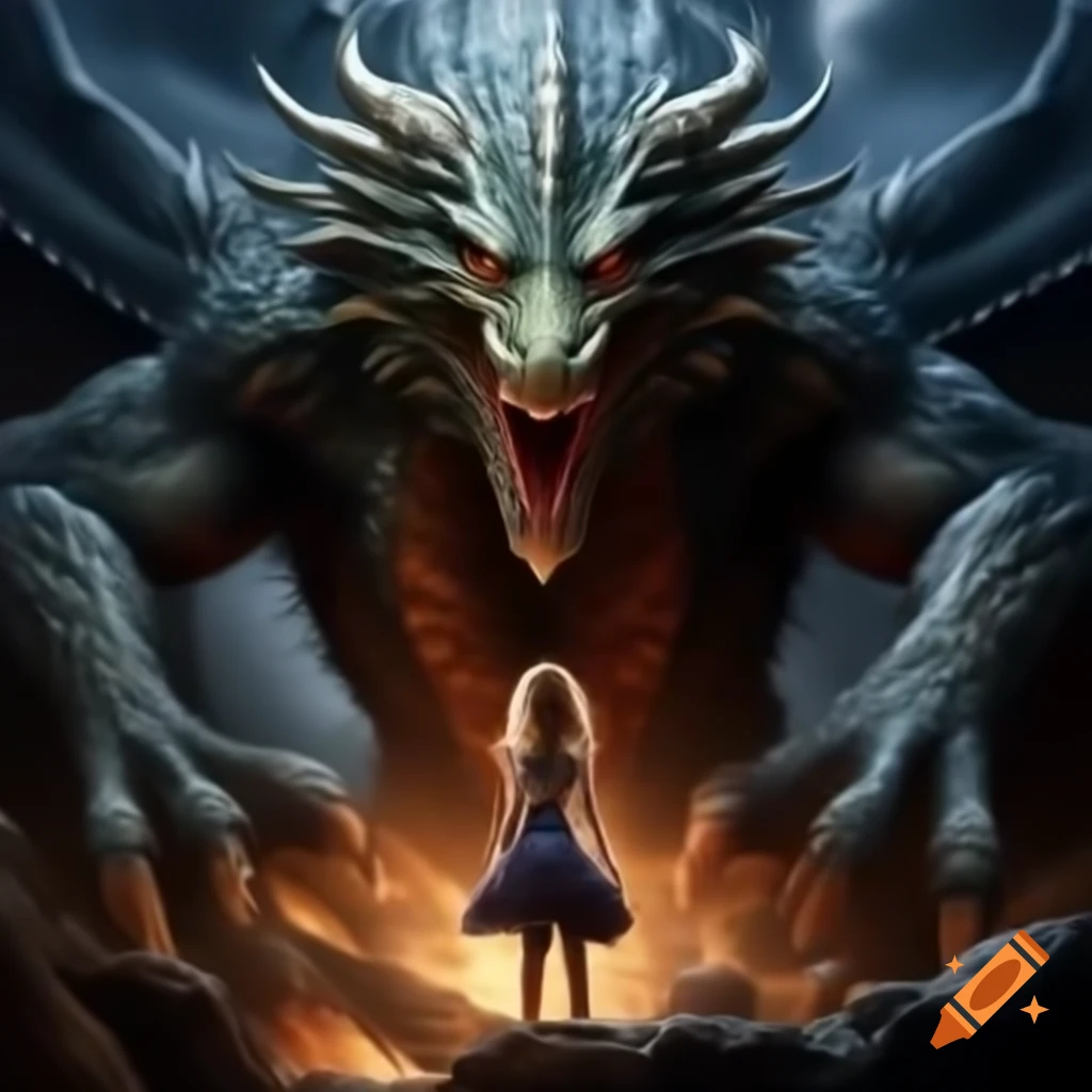 Woman standing strong with dragon behind her, showcasing power on Craiyon