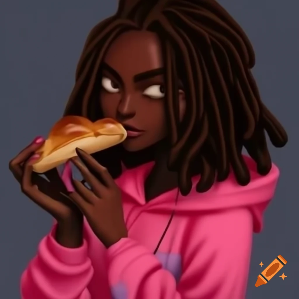 Cartoon-style dark-skinned woman with dread locs in pink hoodie ...