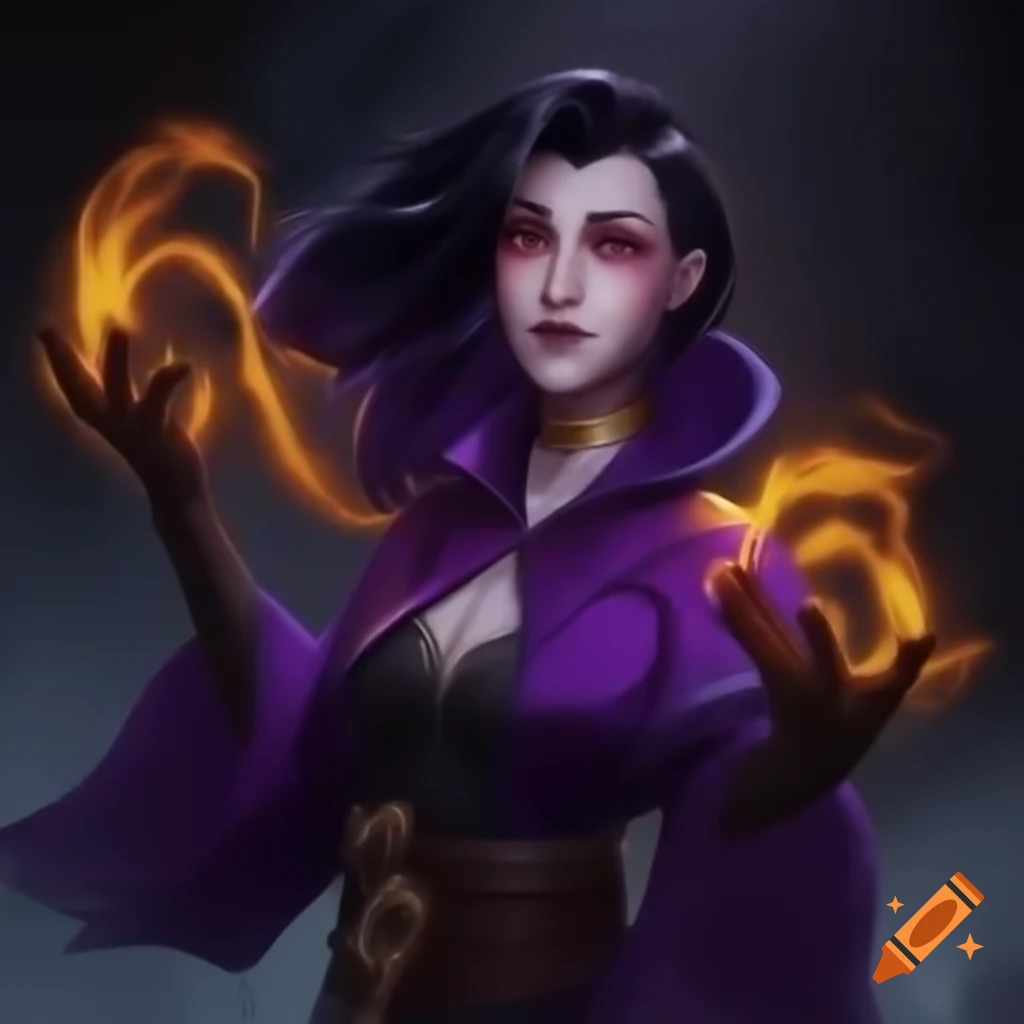 Mysterious sorceress in violet robe with shimmering arcane energy and ...