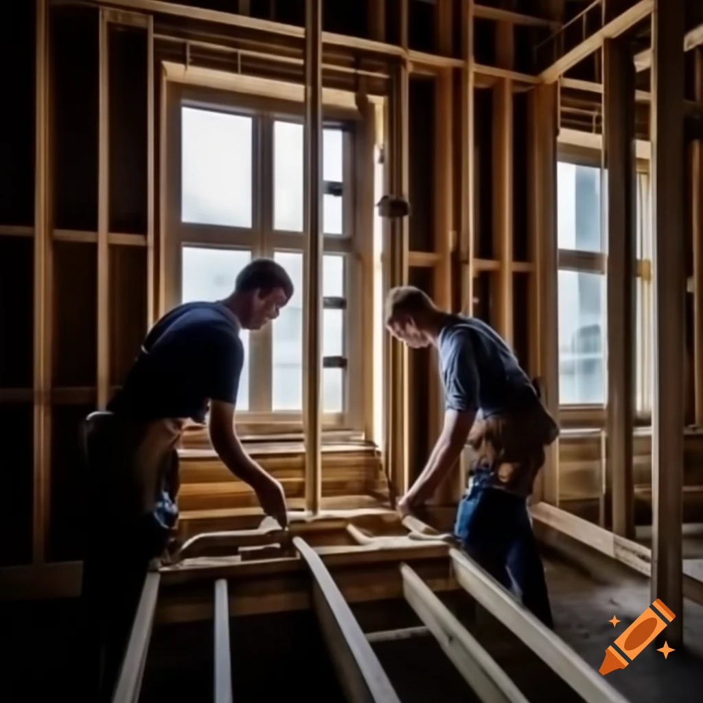 Danish carpenters working on window installation during construction on ...