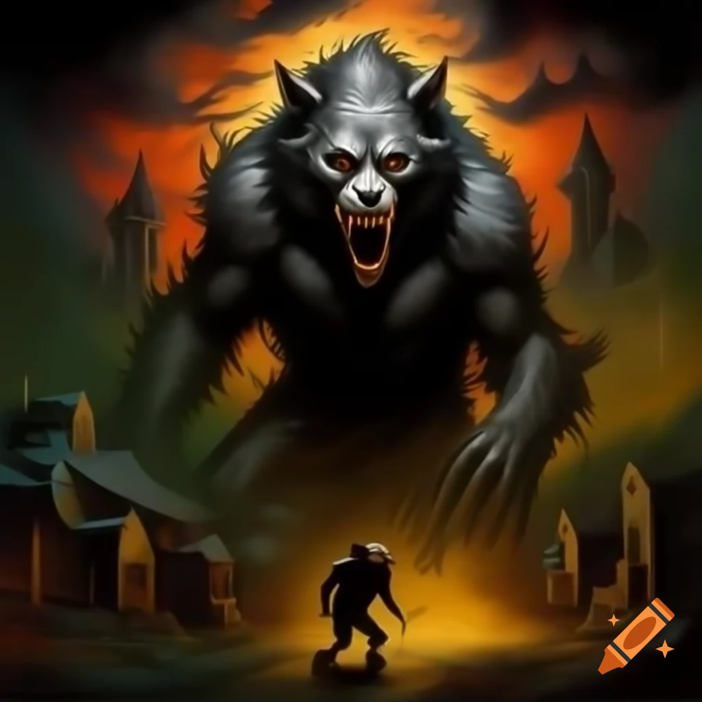 Werewolf terrorizing village with people running and colorful details ...