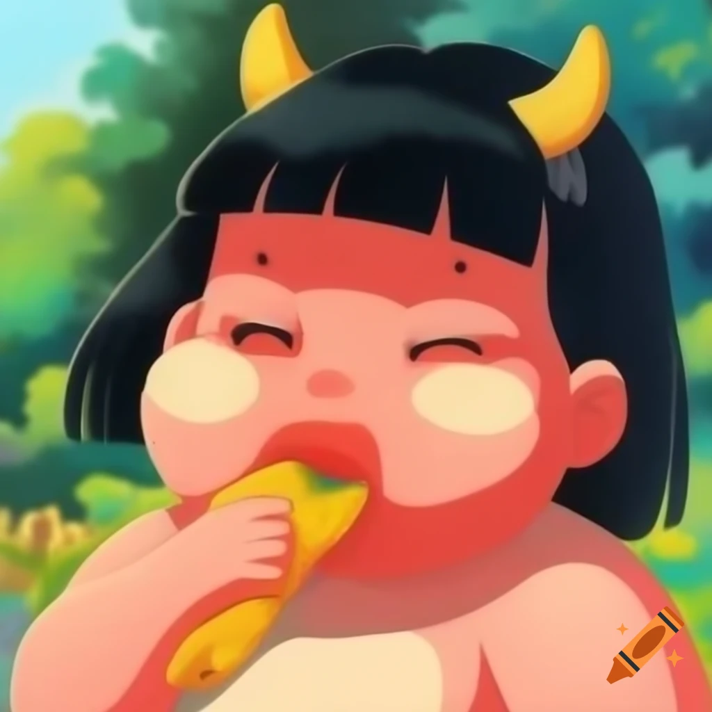 Cute demon child in Japanese painting style eating rice balls on Craiyon