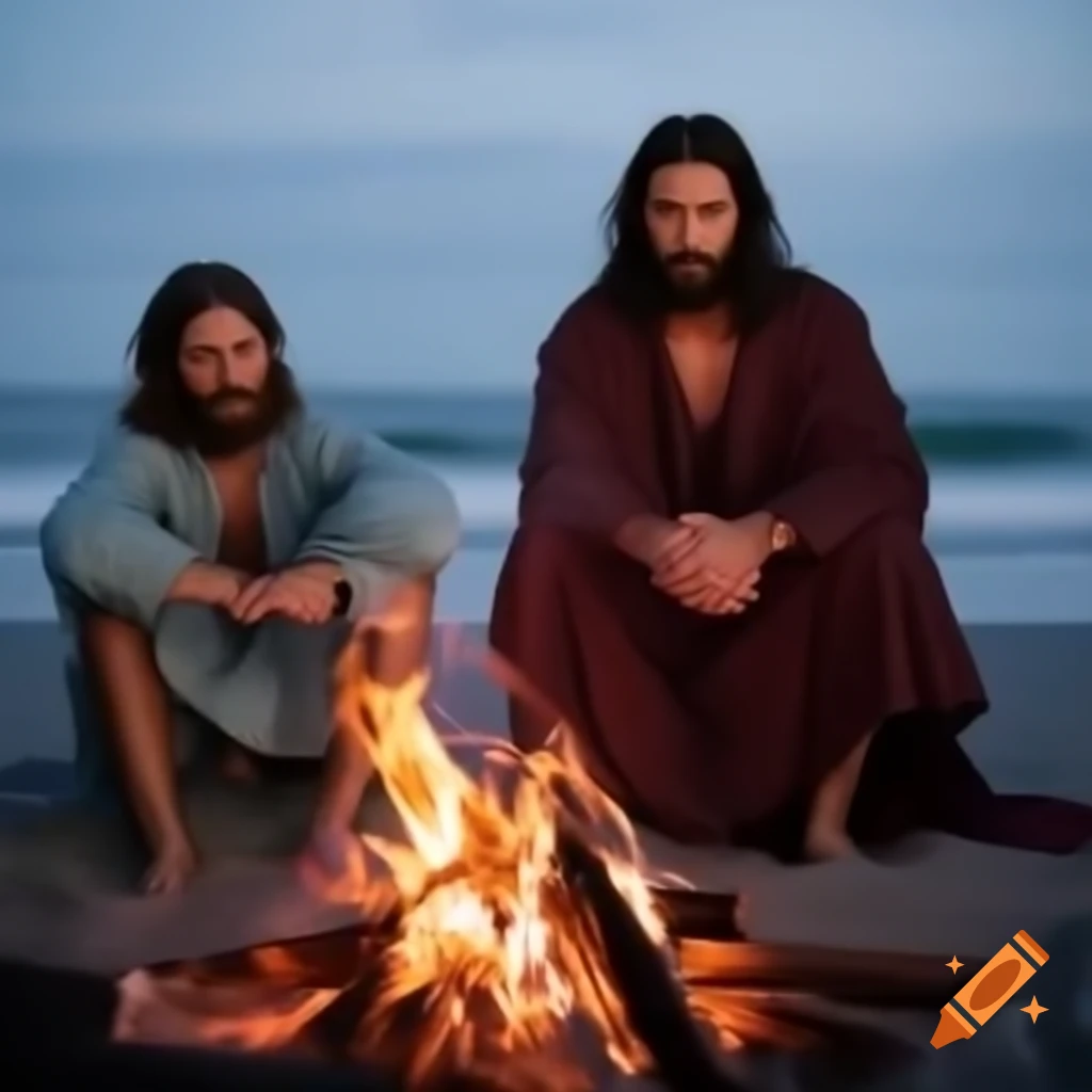 Jesus and Peter by the beach with bonfire grilling fish, depicting a ...