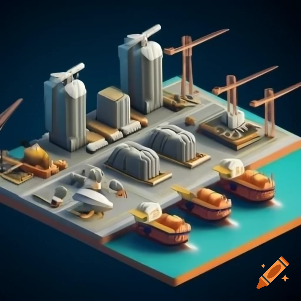 Isometric 3D futuristic space trading port with cargo ships and cranes ...