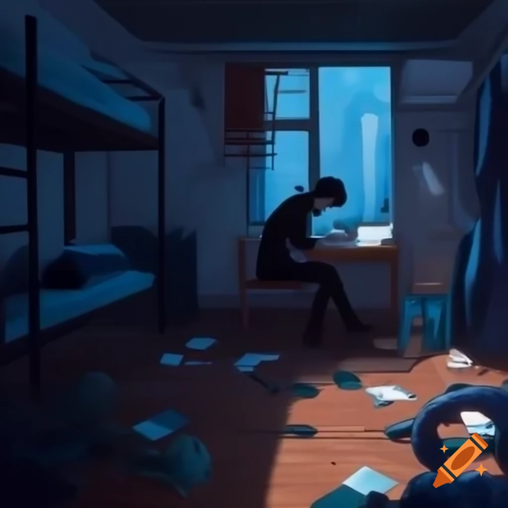 Young male student in dim hostel room at night, showing exhaustion on ...