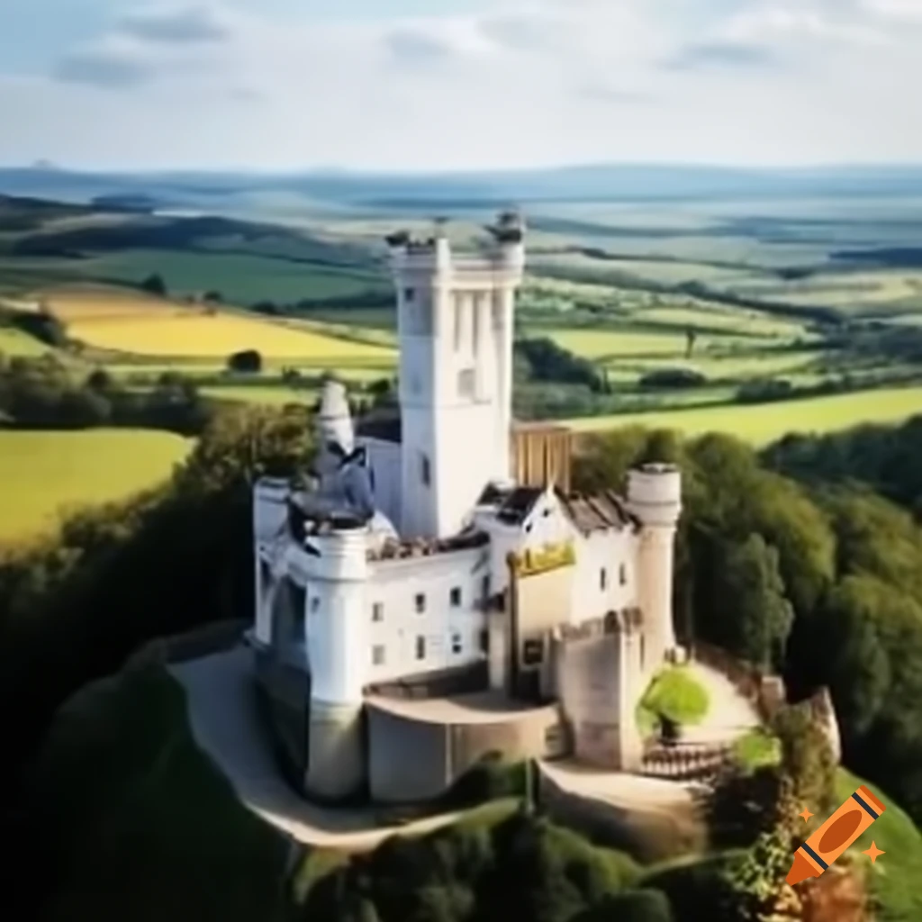 Square white castle on verdant hill with four corner towers overlooking ...
