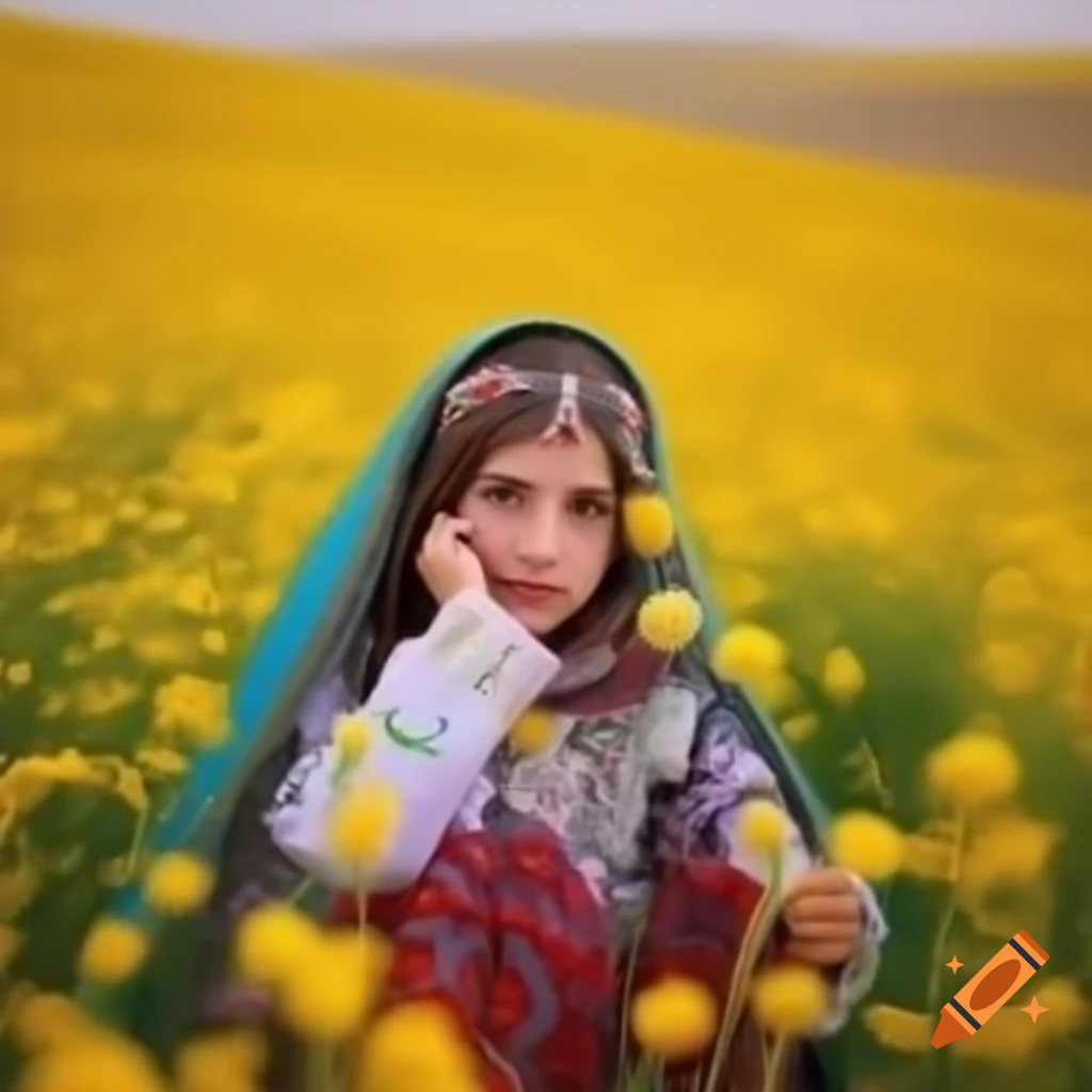 Iranian girl in traditional clothing playing daf in flower field on Craiyon
