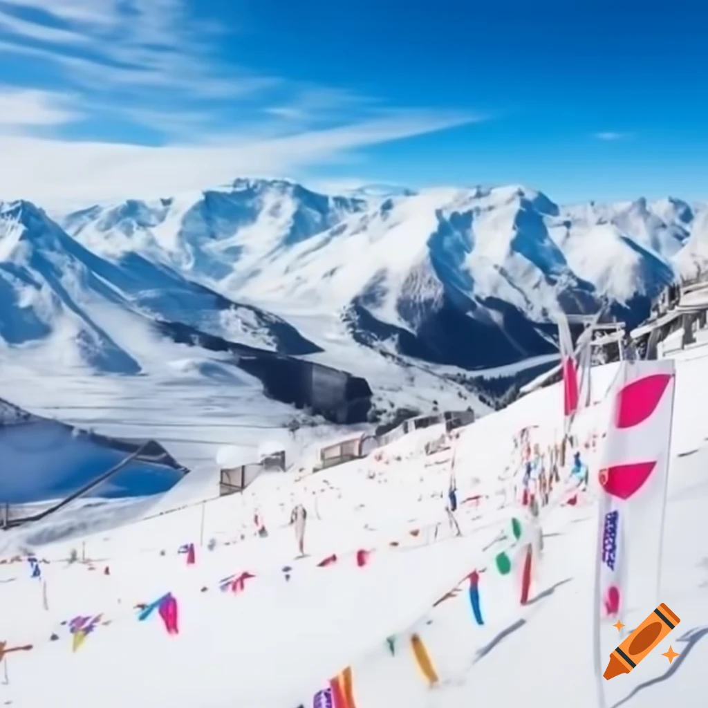 Luxury ski resort with colorful flags against icy mountain on Craiyon