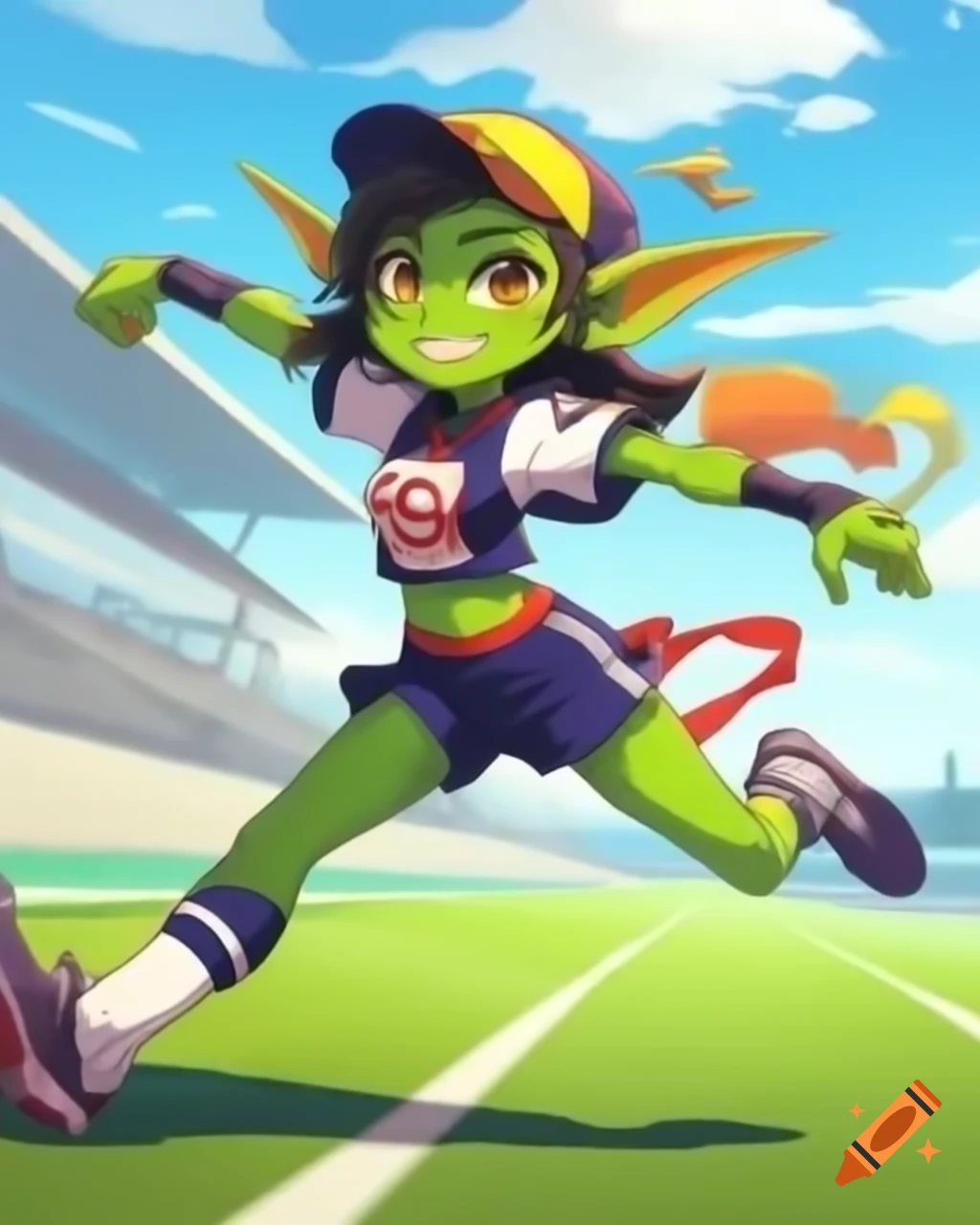 Goblin girl in sports uniform running on racetrack, anime style on Craiyon