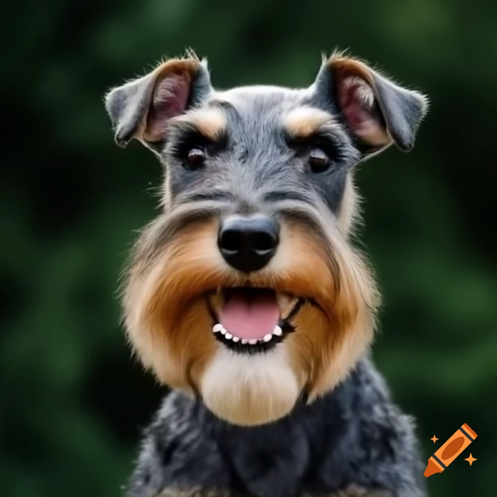 Close up of smiling schnauzer showcasing big teeth on Craiyon
