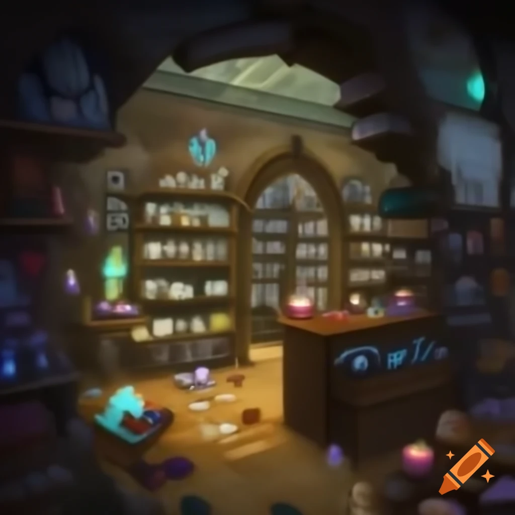 Dimly lit shop filled with mystical artifacts like crystals, books, and ...
