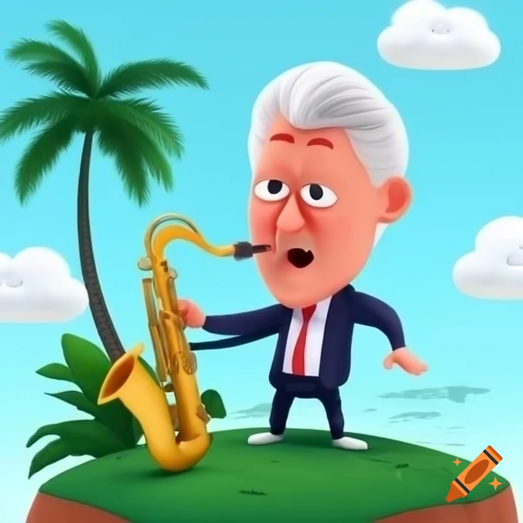 Cartoon of Bill Clinton playing saxophone on tropical island with palm ...