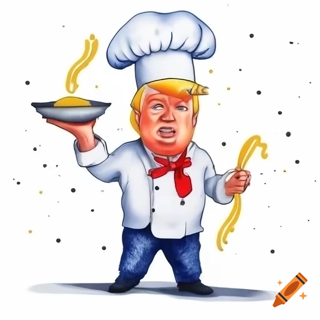 Donald trump in swedish chef costume throwing spaghetti at wall on Craiyon