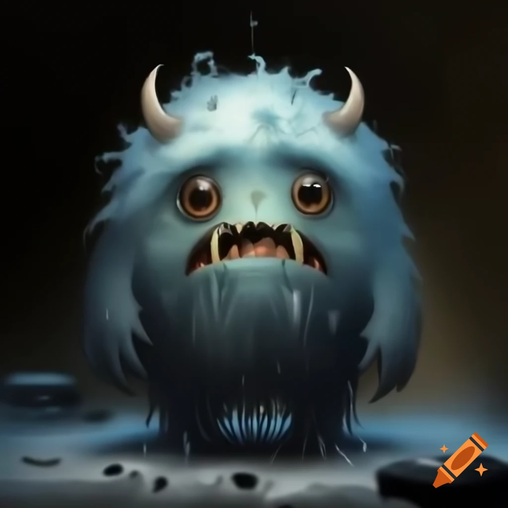 Creepy cute fluffy monster with big face and sharp teeth in semi ...
