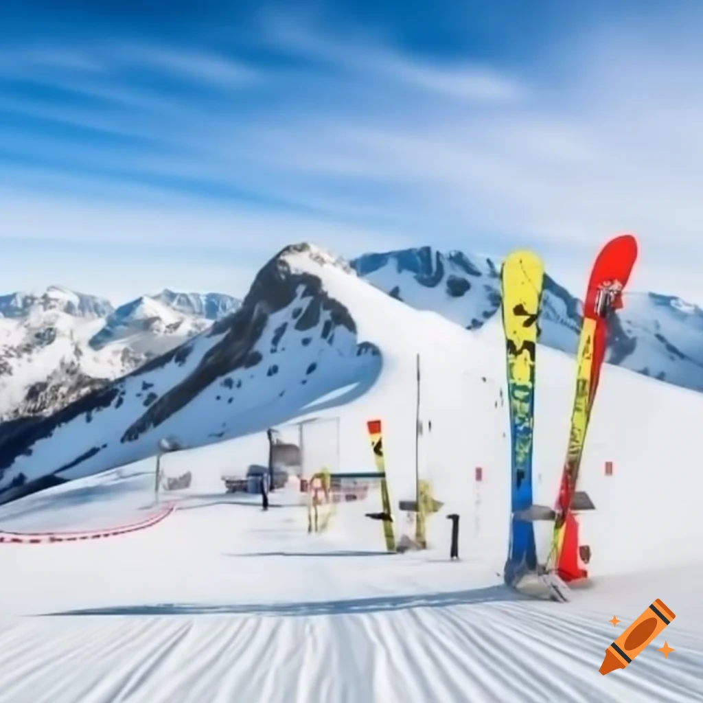 Luxury ski resort with colorful flags against icy mountain on Craiyon