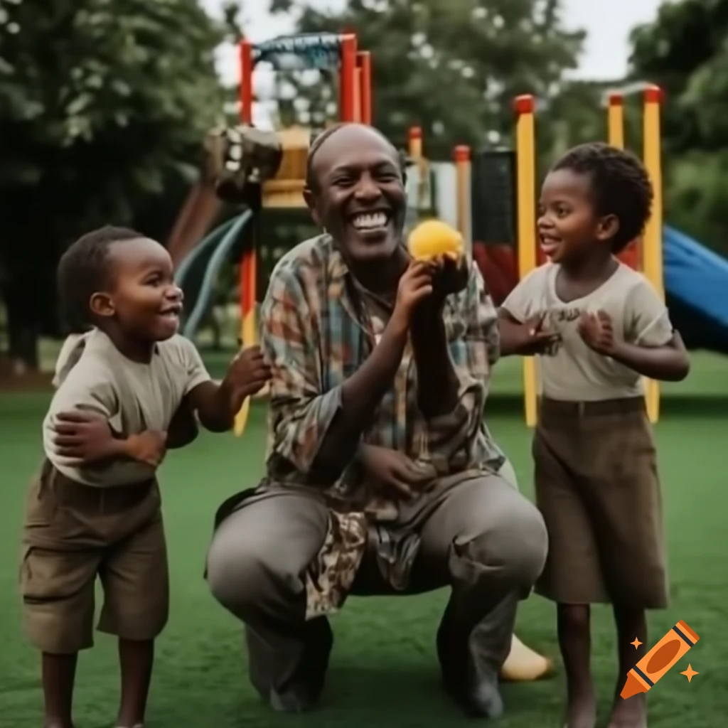 Joyful ethiopian grandfather playing with grandchildren in green backyard playground on Craiyon