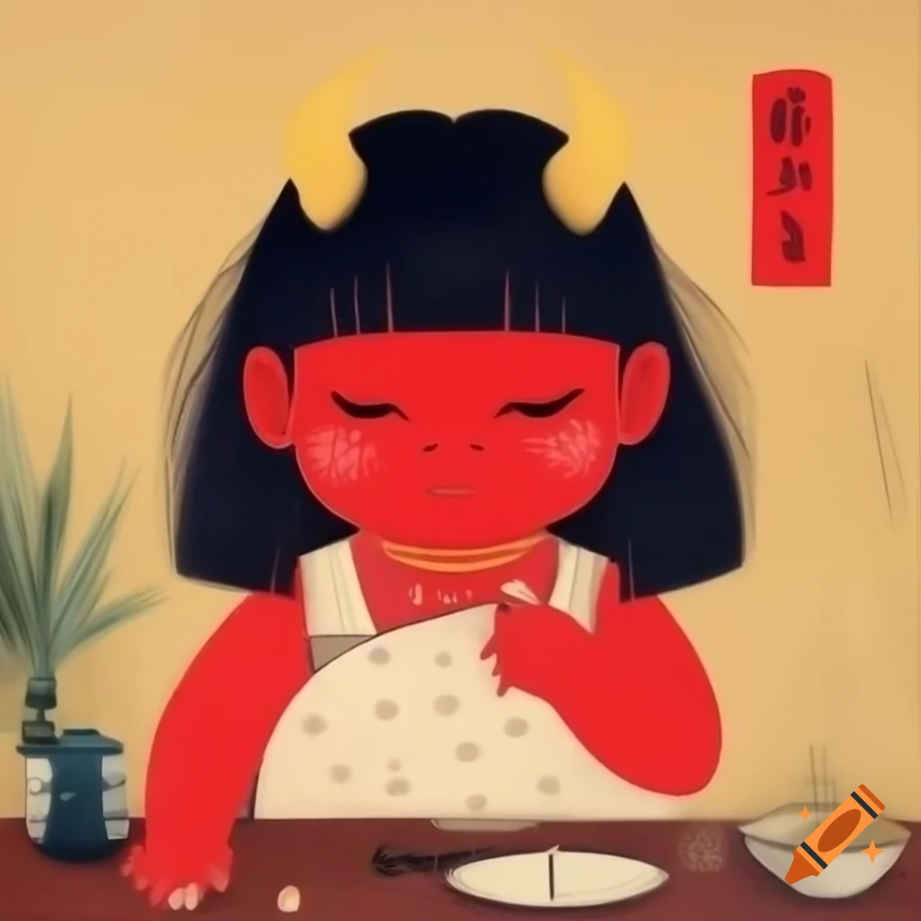Cute demon child eating rice balls in Japanese painting style on Craiyon