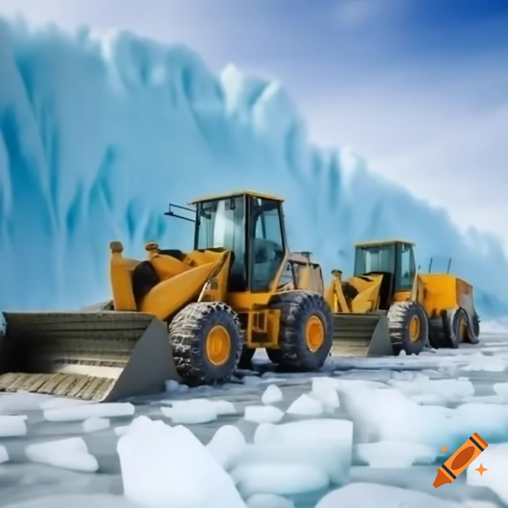 Yellow digging machines working on icy mountain surface on Craiyon