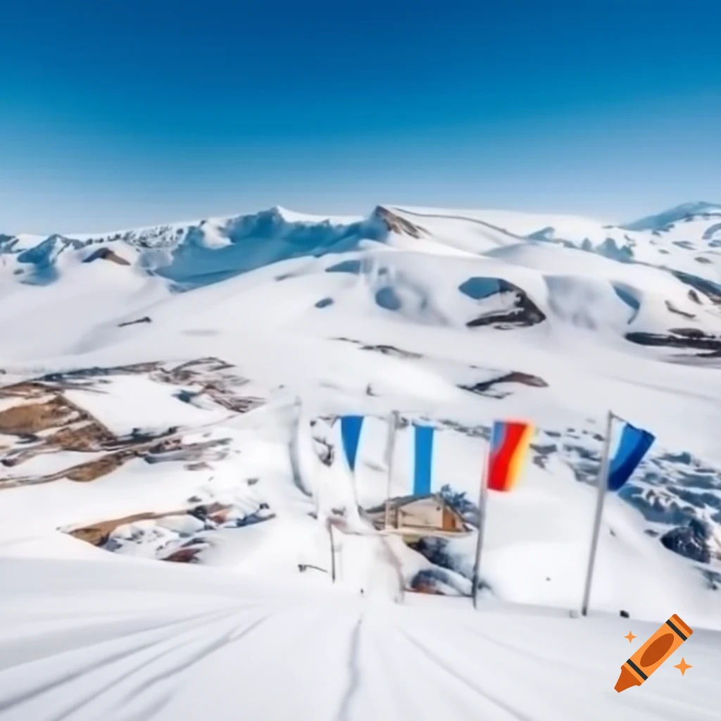 Luxury ski resort with colorful flags against icy mountain on Craiyon