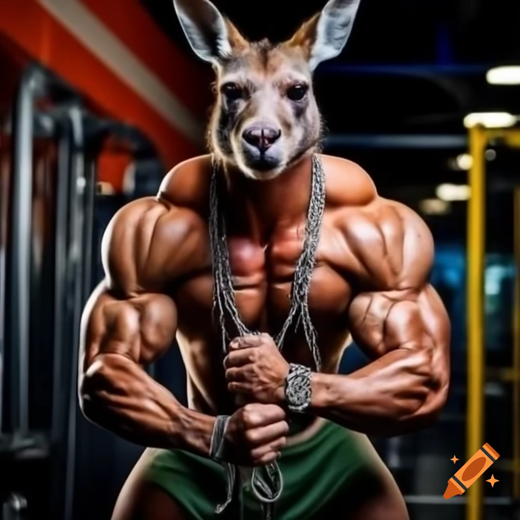 Muscular kangaroo flexing in vibrant gym setting on Craiyon