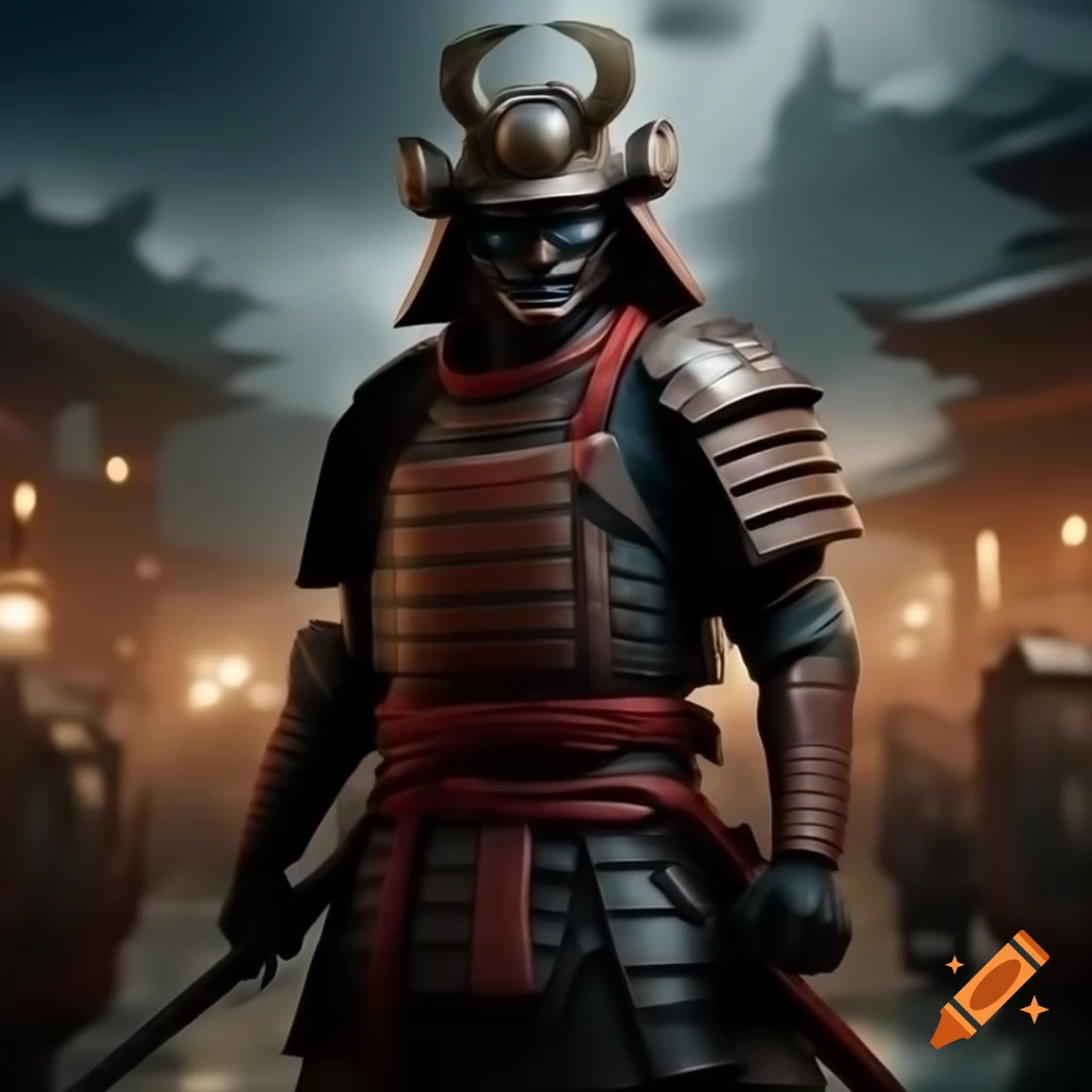 Cool samurai superhero in dynamic pose on misty ancient battlefield at ...
