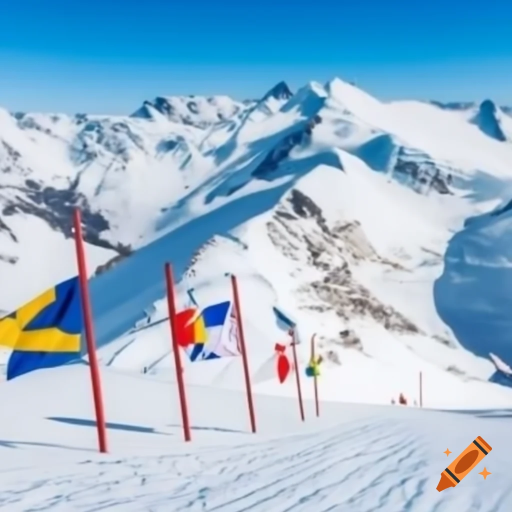 Luxury ski resort with colorful flags against icy mountain on Craiyon