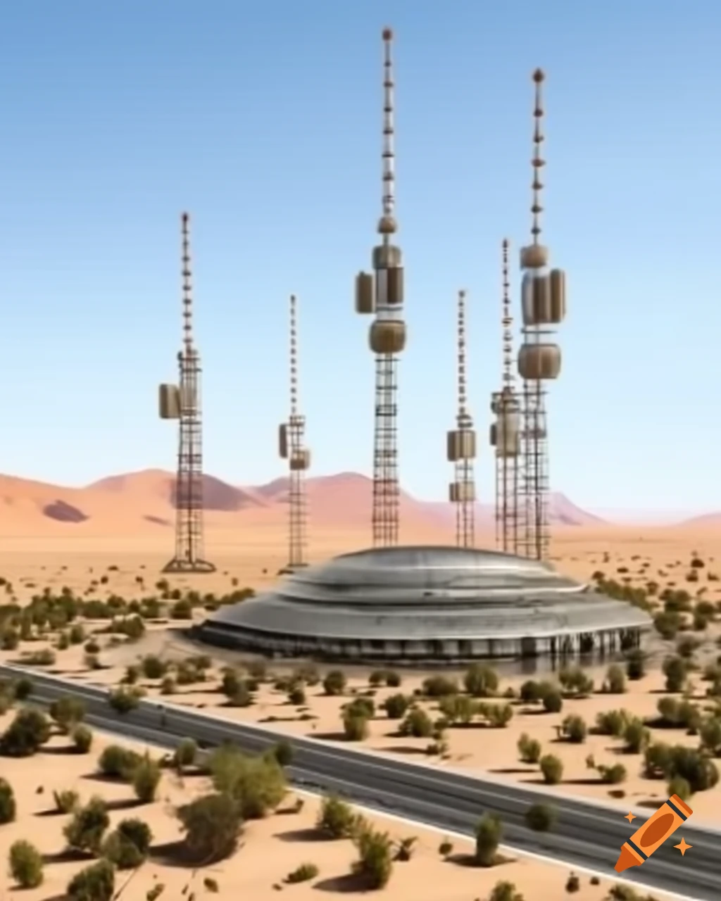 Smart cognitive city in desert with telecom towers and modern landscape ...