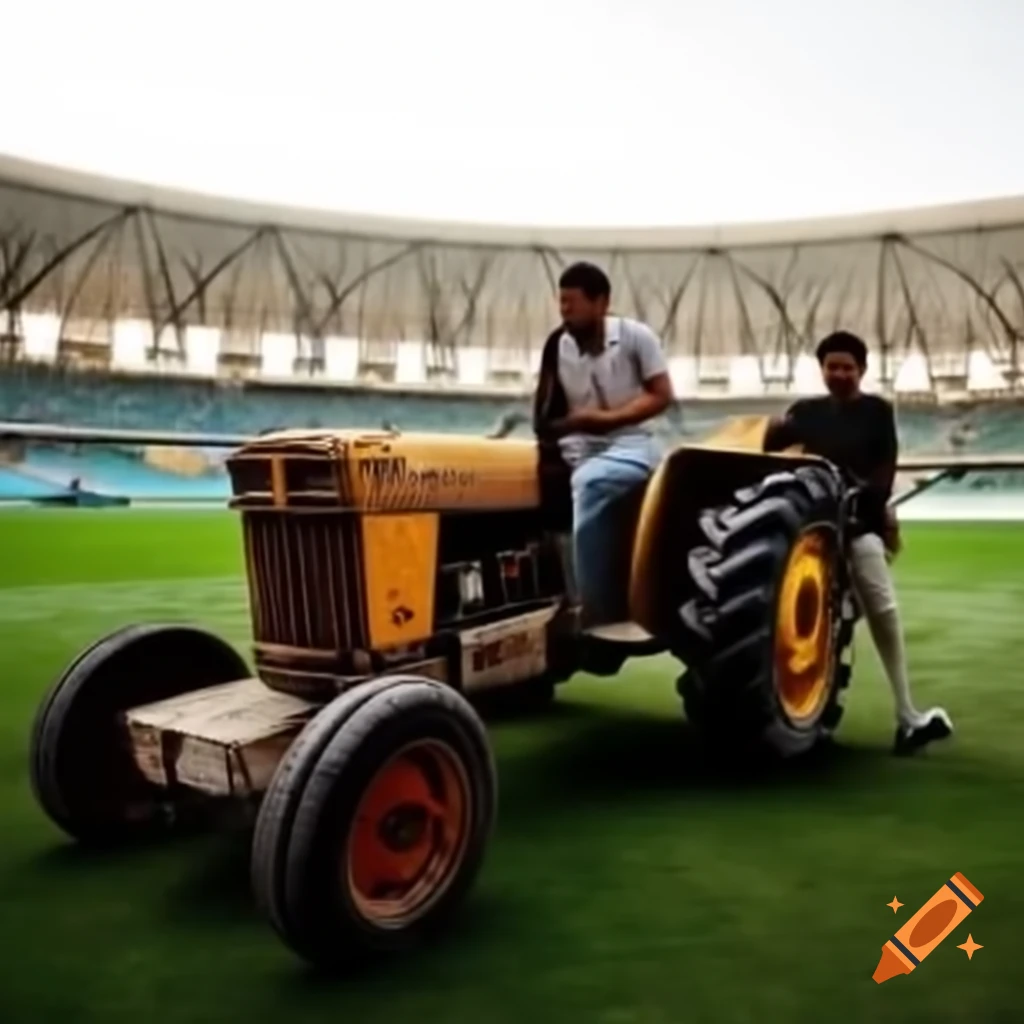 Football player on broken tractor on grass field at Azadi Stadium ...