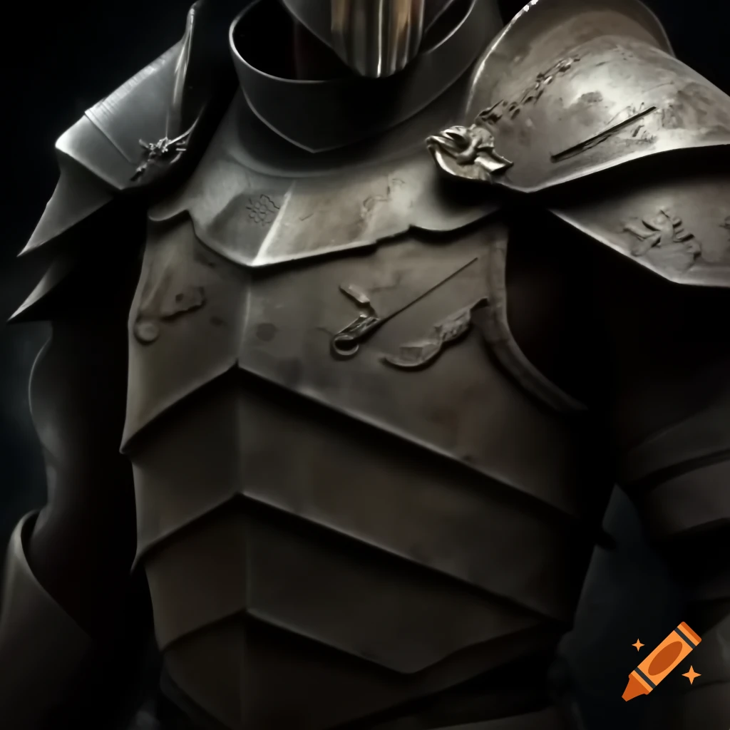 Battle-scarred dark steel chestplate with glowing runes on Craiyon