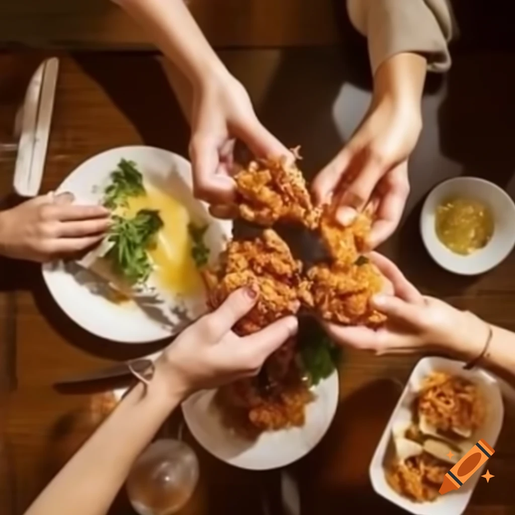 Hands exchanging food, symbolizing sharing and generosity on Craiyon