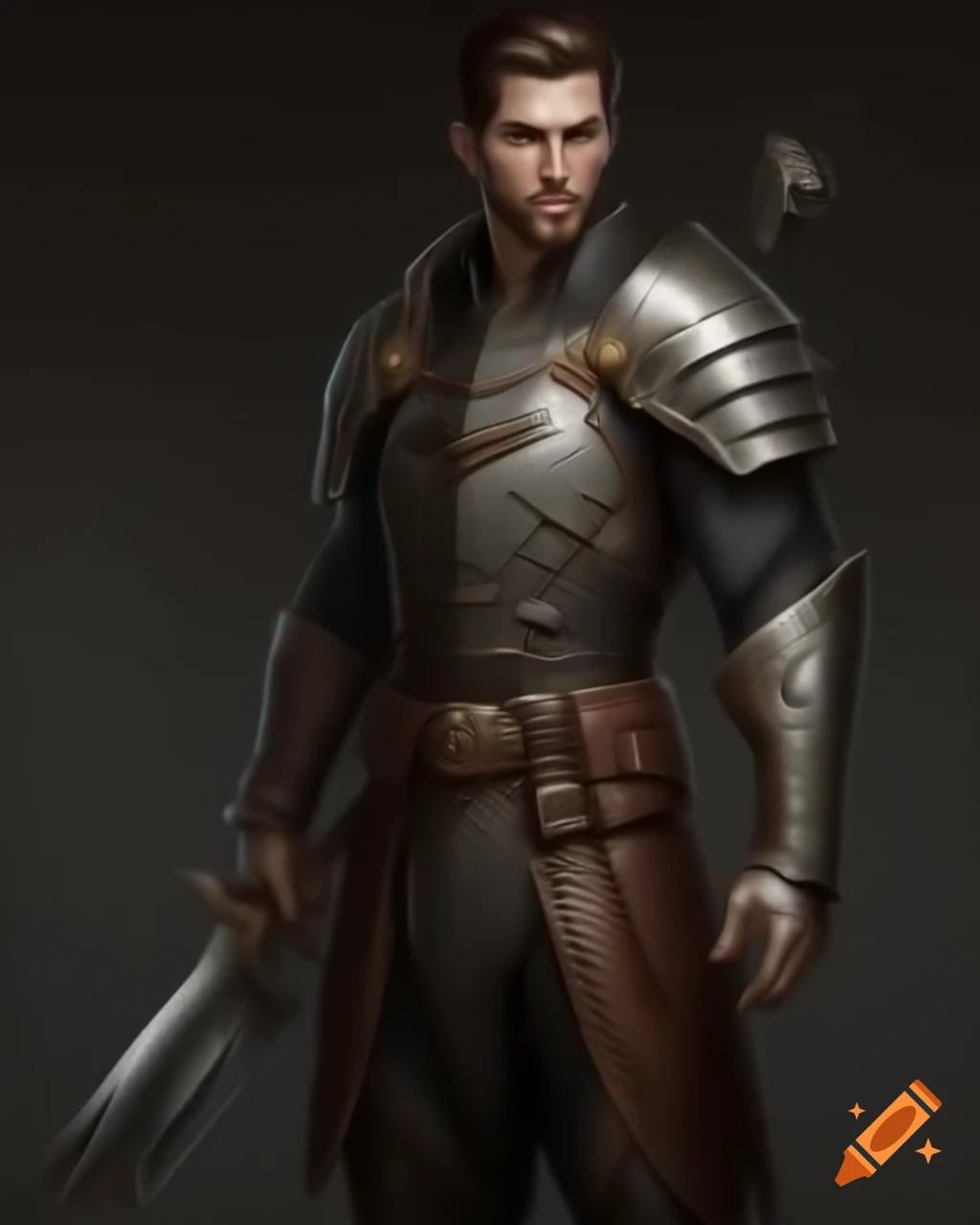 Rugged rogue character in practical armor, short dark brown hair and ...