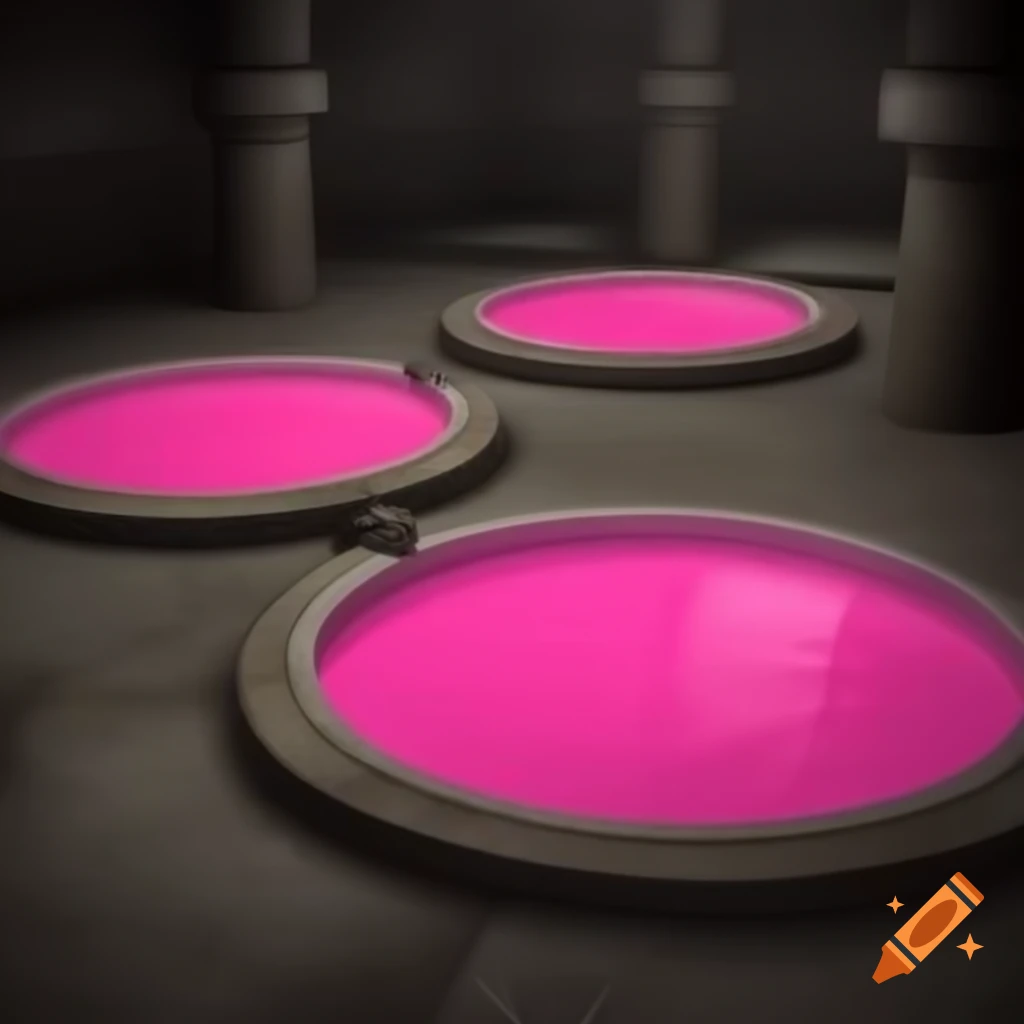 Three circular pools of pink liquid inside a dungeon room on Craiyon