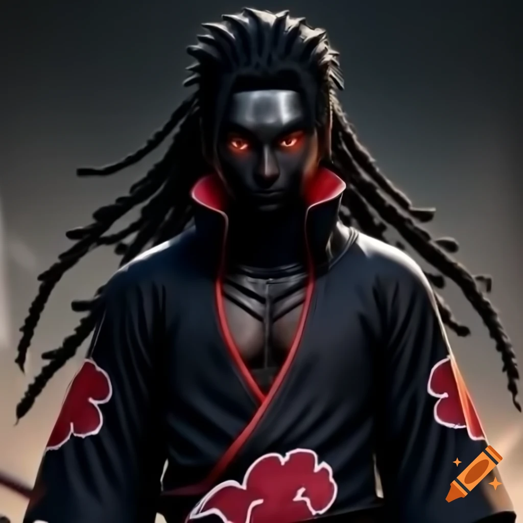Tall muscular shinobi in black gi with crimson accents and tattered ...