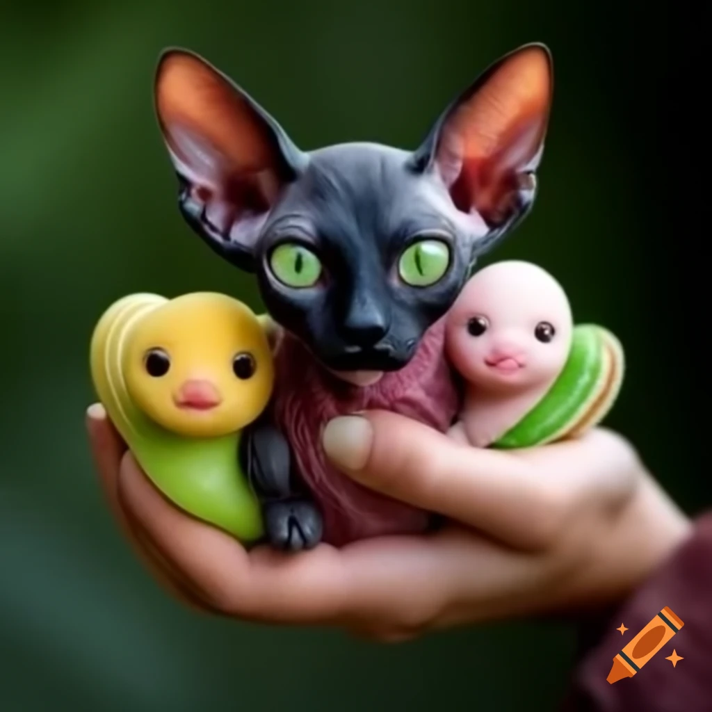 Cute humanoid hairless cat holding baby slugs on Craiyon