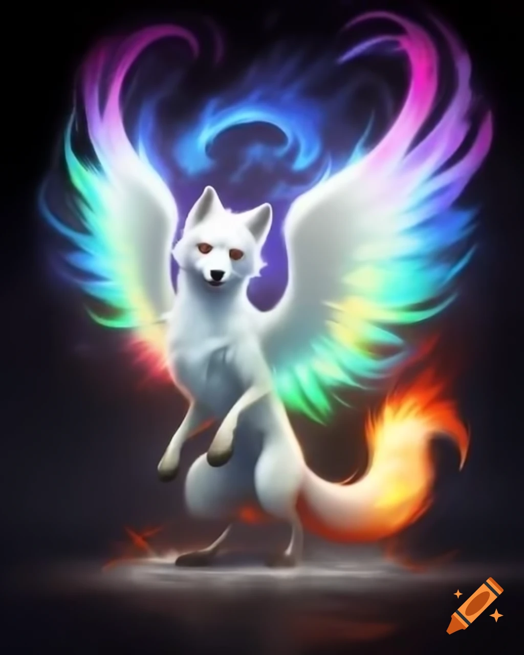 Majestic polar fox with rainbow-colored accents and vibrant wings on ...