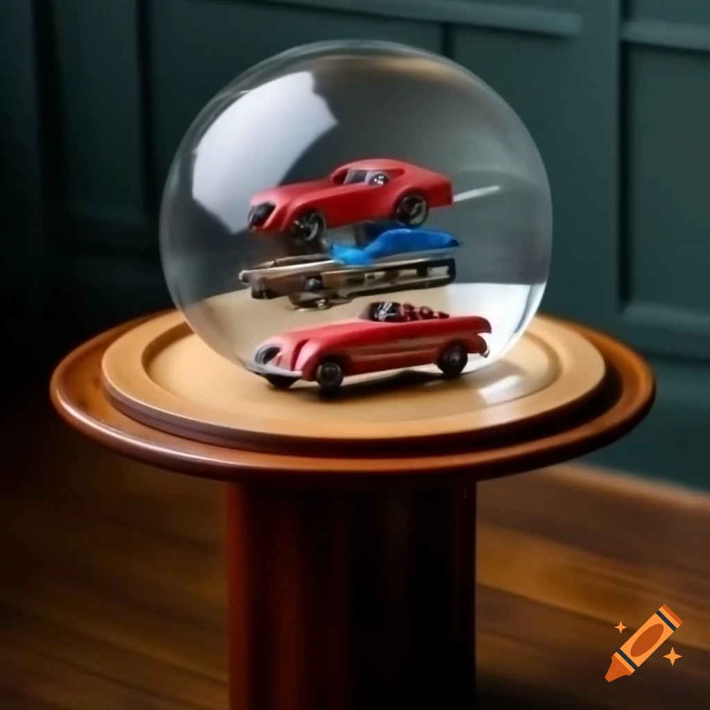 Large glass sphere with diecast model cars inside, photographers taking ...
