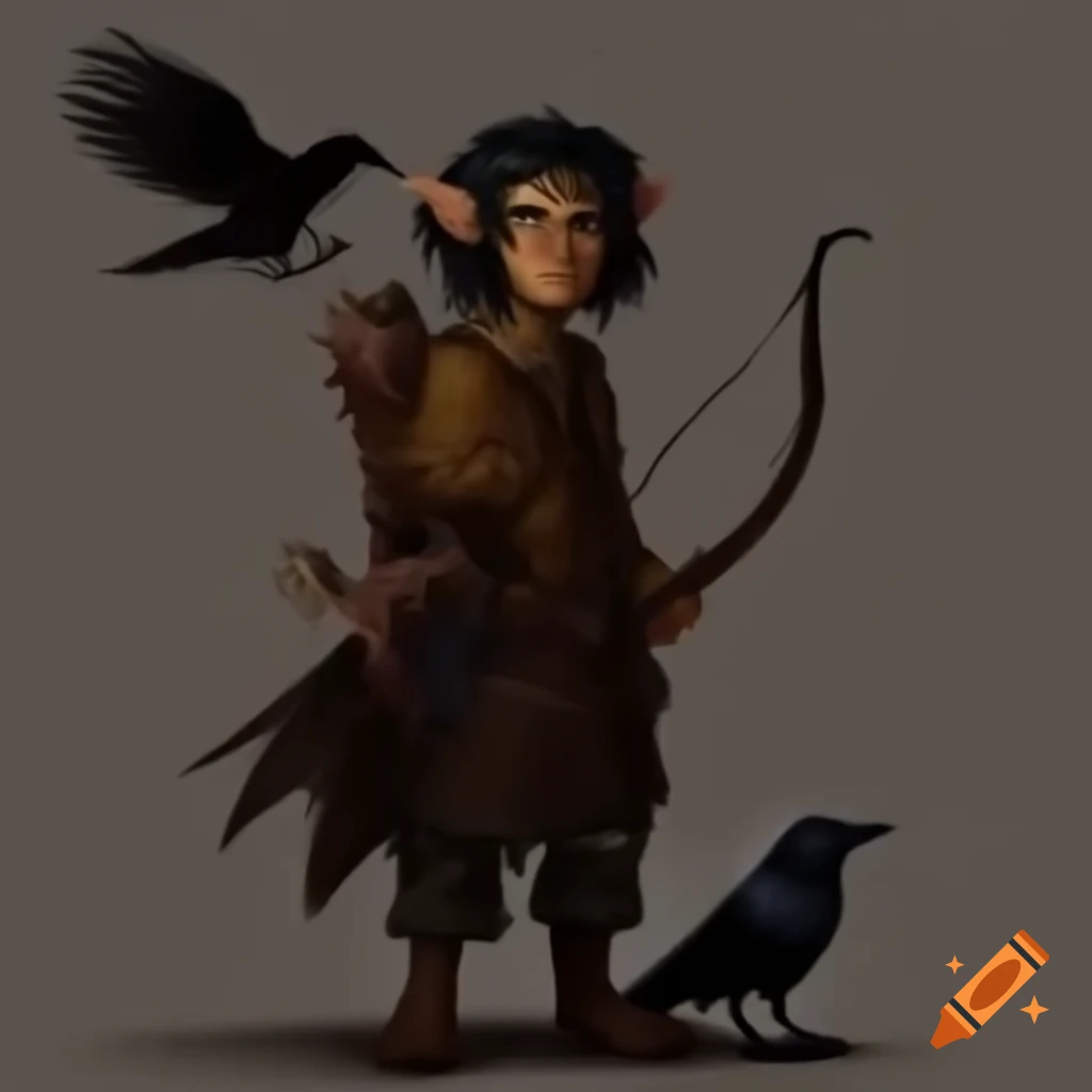 Halfling male rogue with shortbow and pet crow on Craiyon
